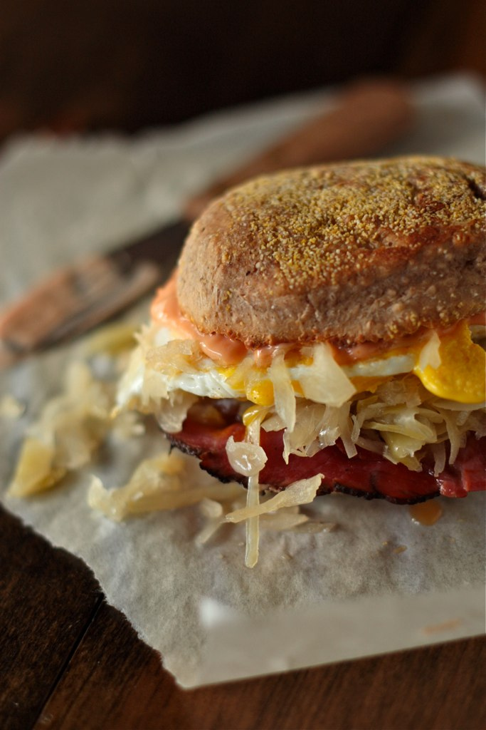 Breakfast Reuben Sandwiches with Pumpernickel English Muffins